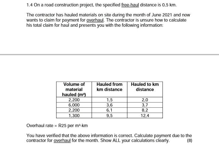 Solved 1.4 On a road construction project, the specified | Chegg.com