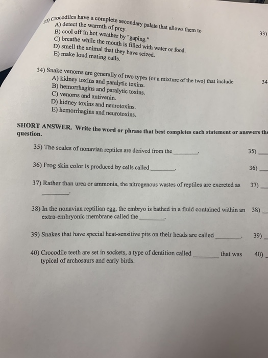 Solved 1) Crocodile codiles have a complete secondary palate | Chegg.com
