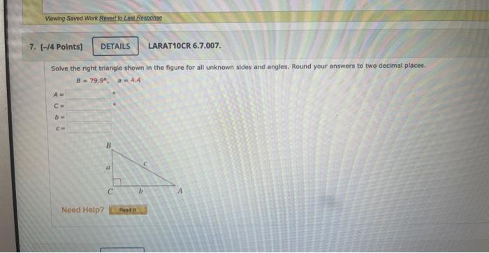 Solved Solve the right triangle shown in the figure for all | Chegg.com