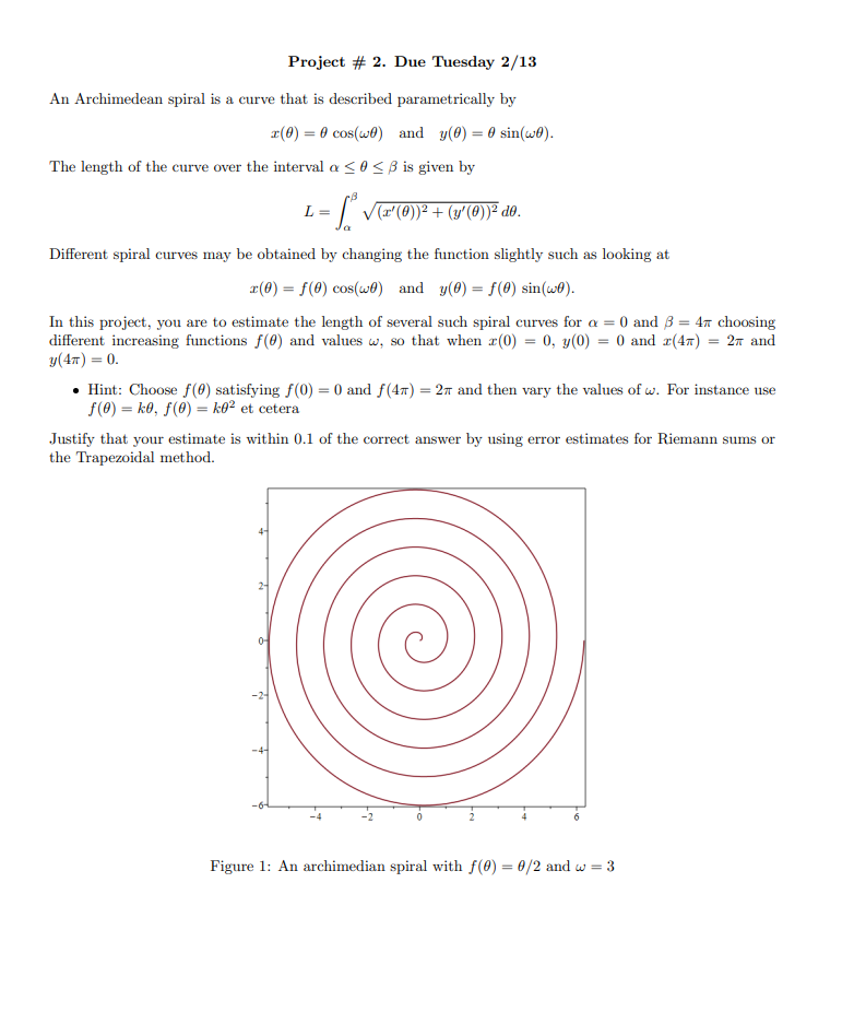 Solved Project # 2. ﻿Due Tuesday 2/13An Archimedean spiral | Chegg.com