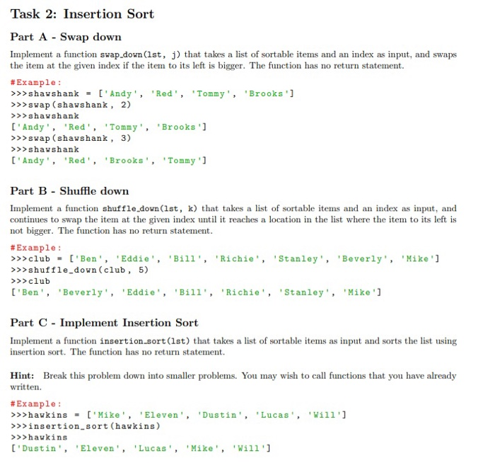 Task 2: Insertion Sort Part A - Swap down Implement a | Chegg.com