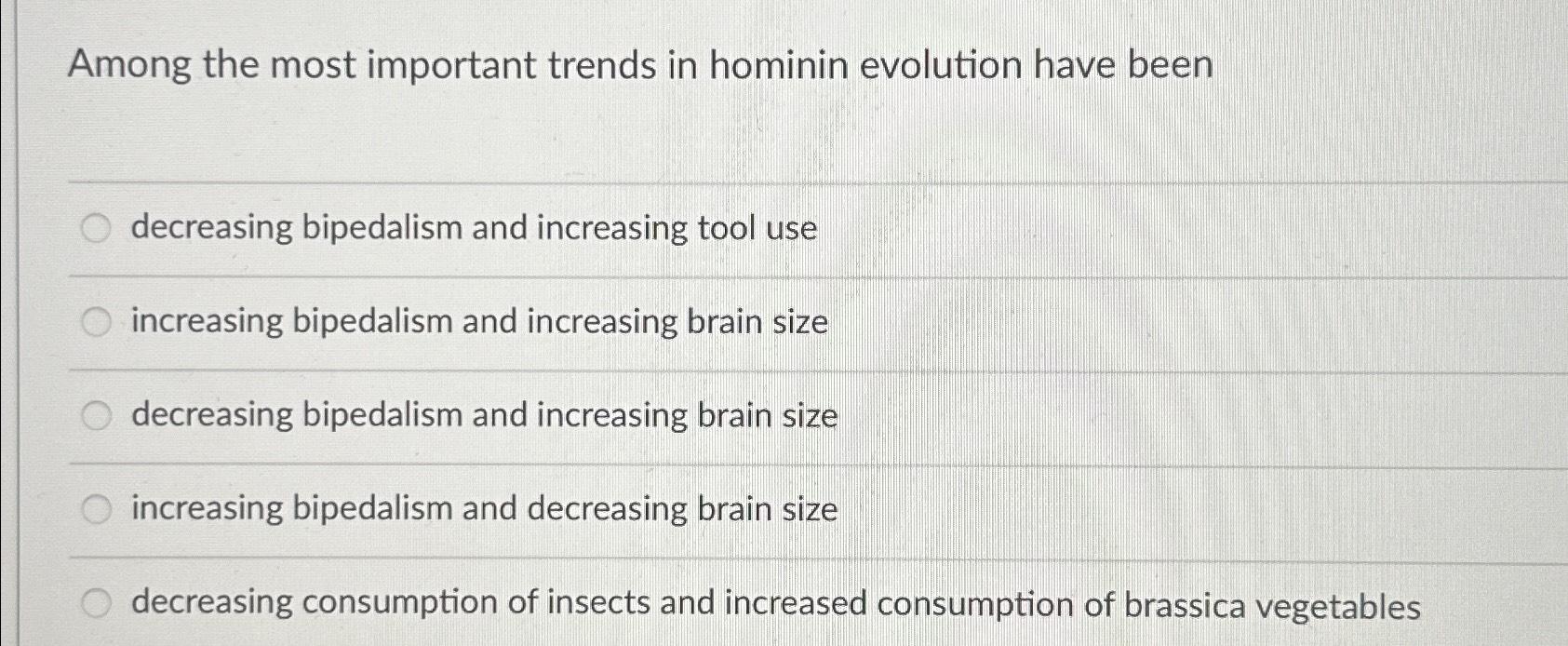 Solved Among the most important trends in hominin evolution | Chegg.com