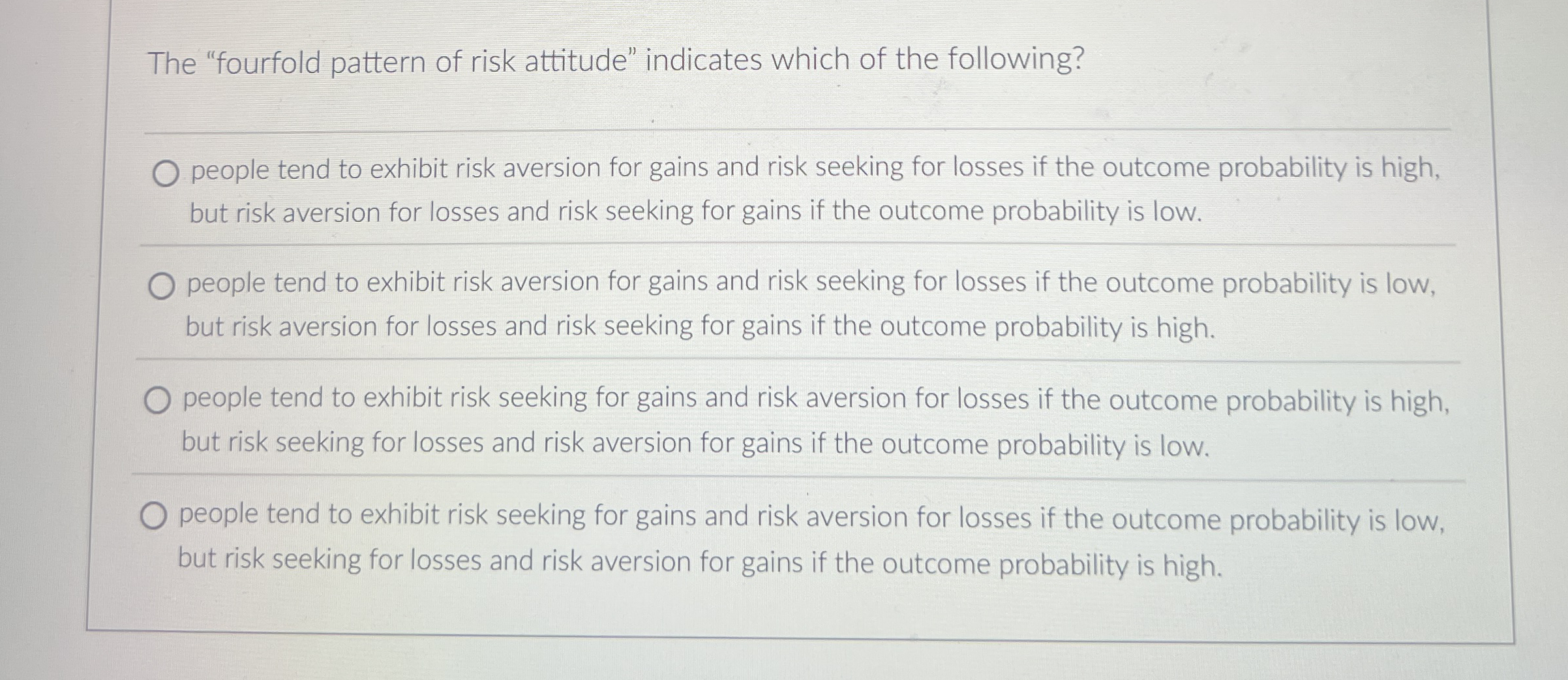 Solved The "fourfold pattern of risk attitude" indicates | Chegg.com