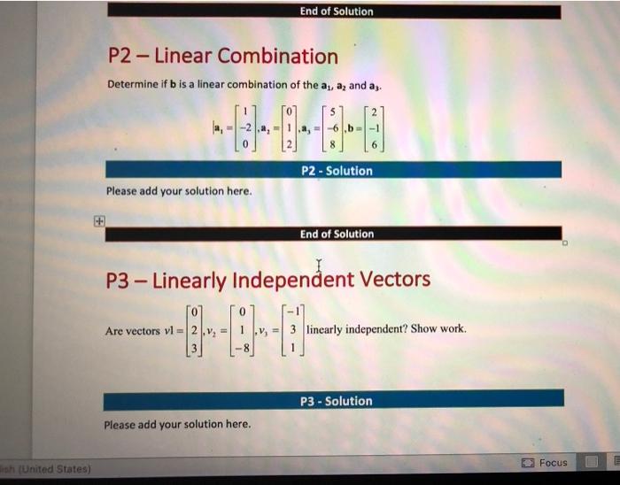 Solved End of Solution P2-Linear Combination Determine if b | Chegg.com