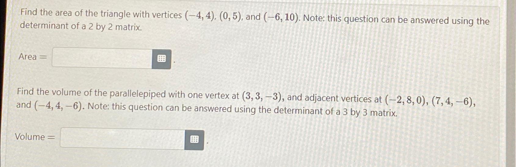 Solved Find the area of the triangle with vertices | Chegg.com