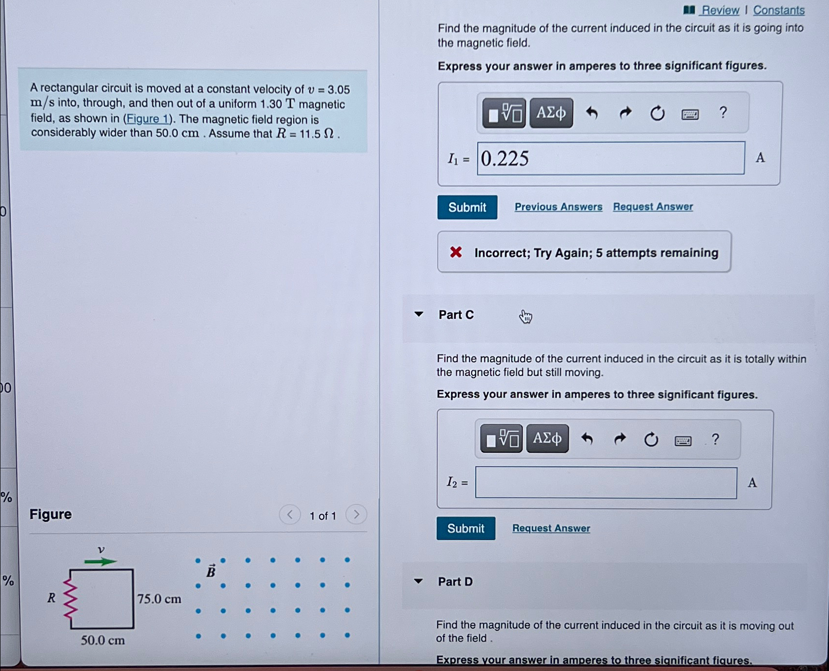 Solved A rectangular circuit is moved at a constant velocity | Chegg.com