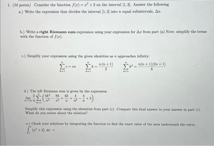 Solved (50 points) Consider the function f(x)=x2+2 on the | Chegg.com