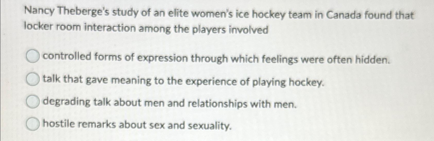 Solved Nancy Theberge's study of an elite women's ice hockey | Chegg.com