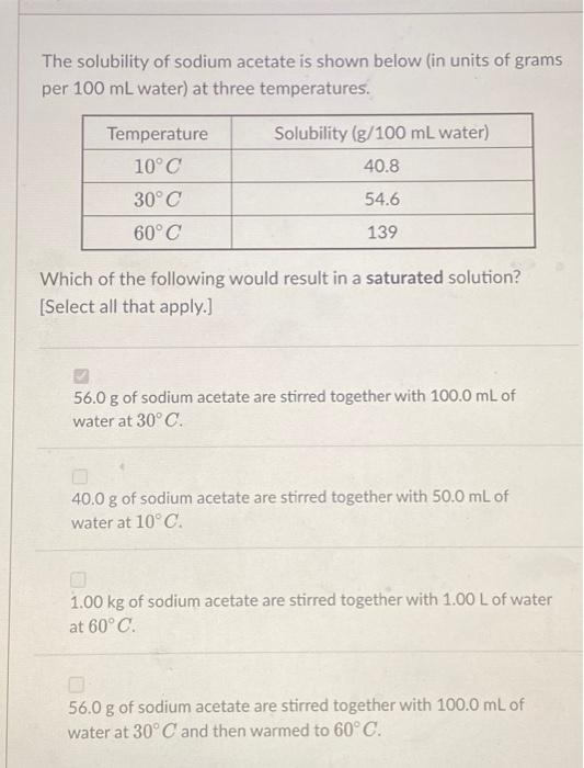 Solved The solubility of sodium acetate is shown below (in | Chegg.com