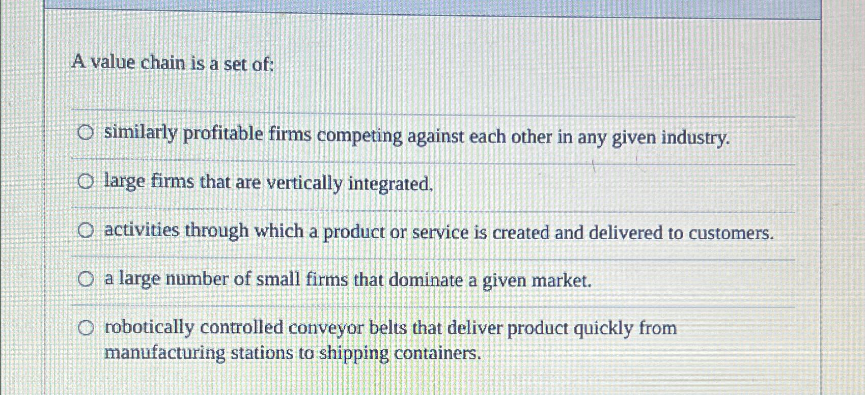 Solved A value chain is a set of:similarly profitable firms | Chegg.com
