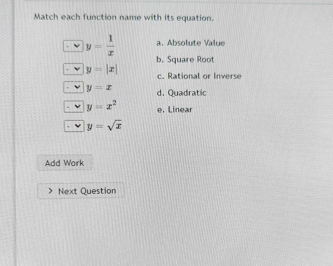 Solved Match each function name with its equation. y=x1 | Chegg.com