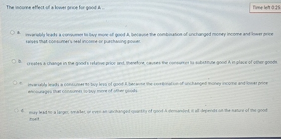 Solved The incorne effect of a lower price for good A -Time | Chegg.com