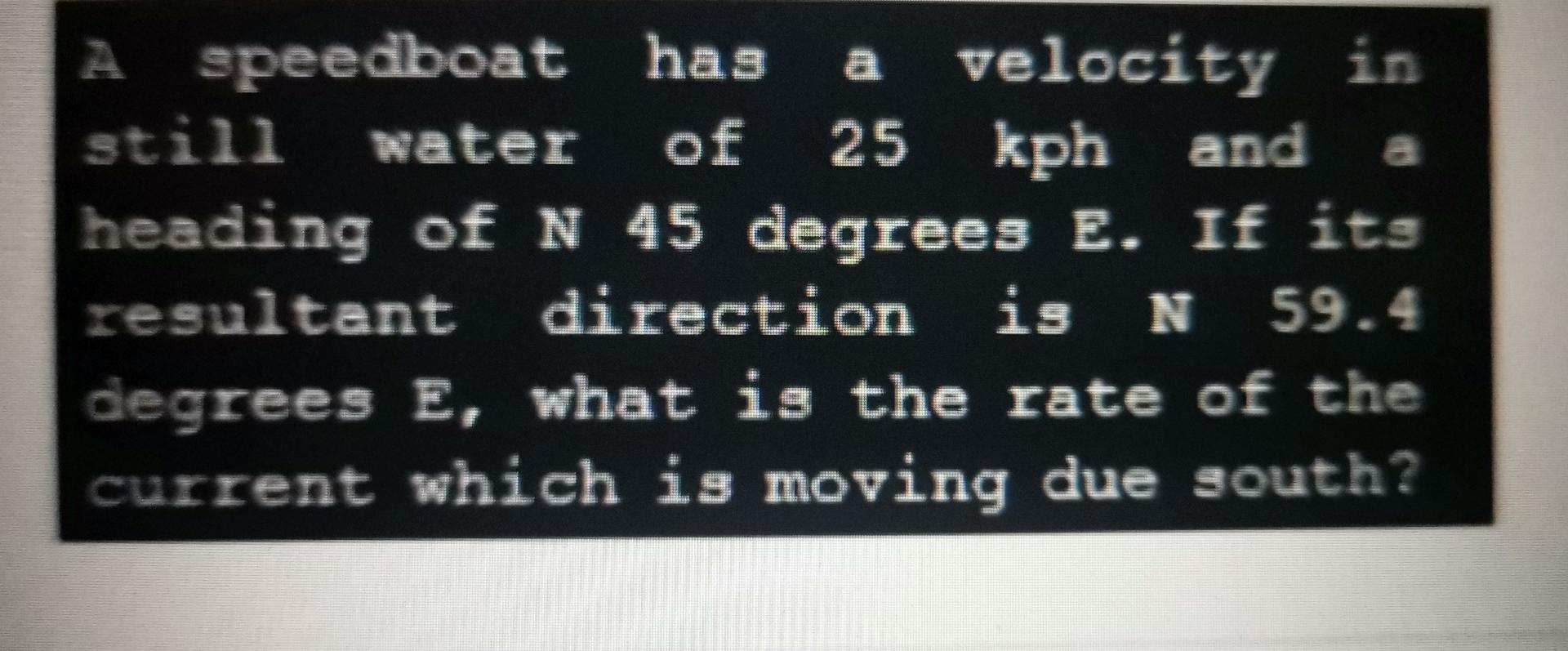 Solved a speedboat has a velocity in still water of 25 kph | Chegg.com