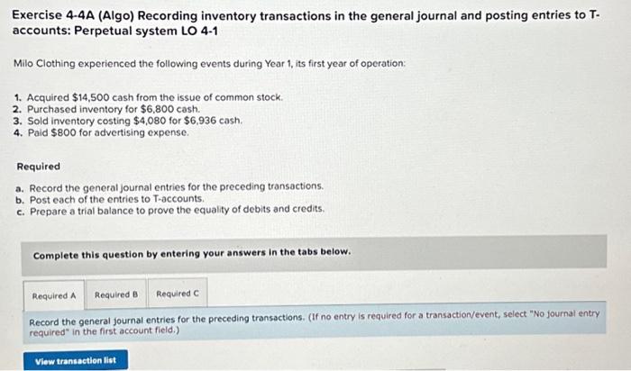 Solved Exercise 4-4A (Algo) Recording inventory transactions | Chegg.com