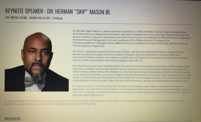 Solved KEYNOTE SPEAKER - DR. HERMAN "SKIP" MASON JR. 2021 | Chegg.com