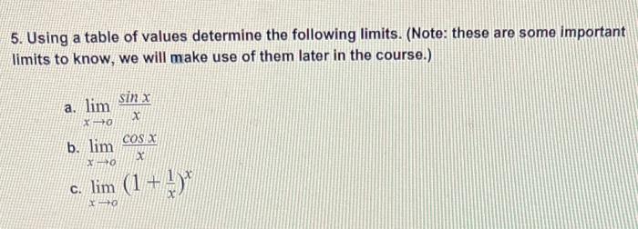 Solved 5. Using a table of values determine the following | Chegg.com
