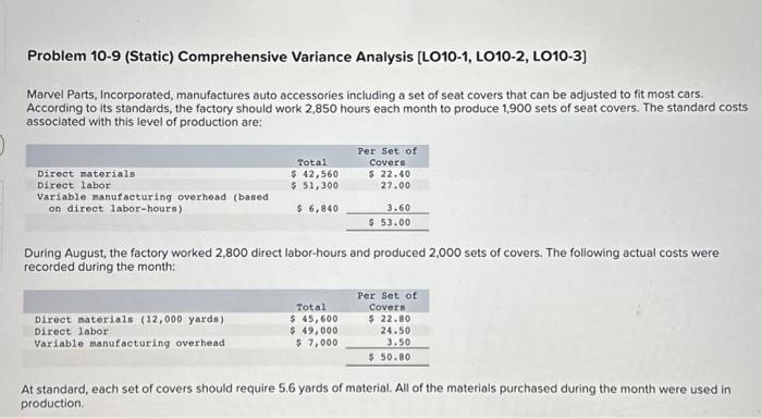 Solved Problem 10-9 (Static) Comprehensive Variance Analysis | Chegg.com