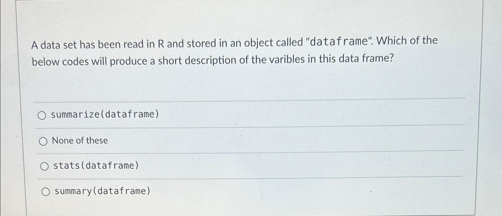 Solved A data set has been read in R ﻿and stored in an | Chegg.com