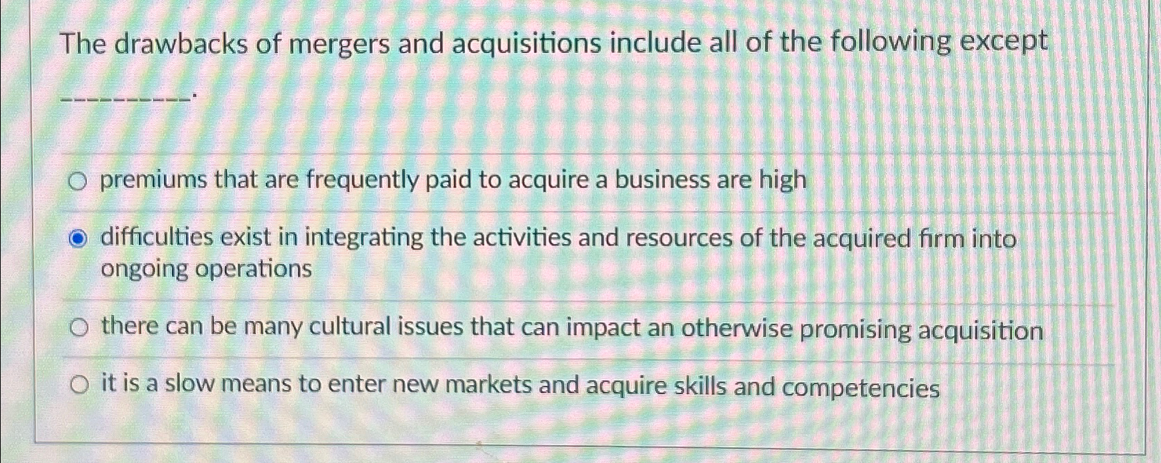 Solved The drawbacks of mergers and acquisitions include all | Chegg.com