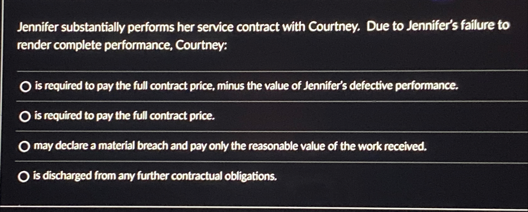 Solved Jennifer substantially performs her service contract | Chegg.com