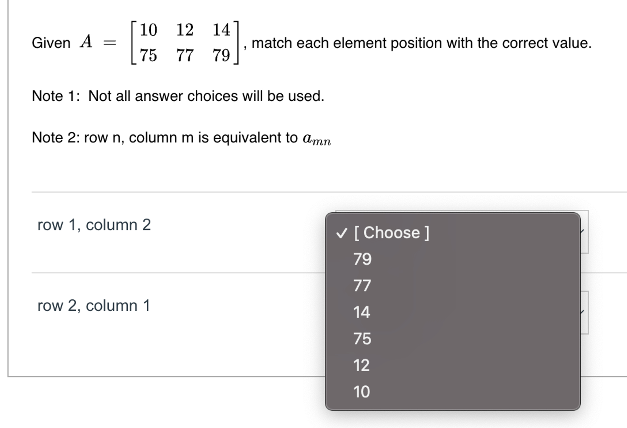 Solved Given A=[101214757779], ﻿match each element position | Chegg.com