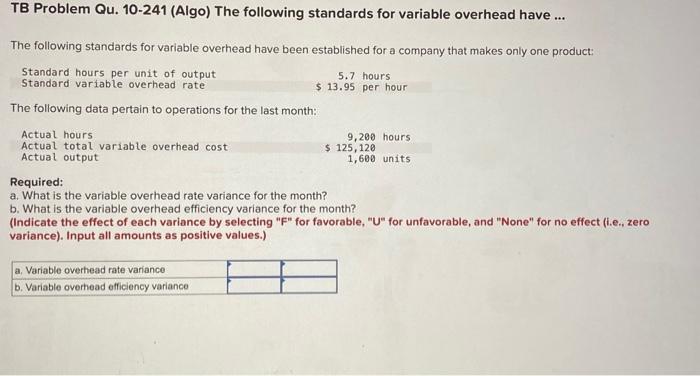 Solved TB Problem Qu. 10-241 (Algo) The following standards | Chegg.com