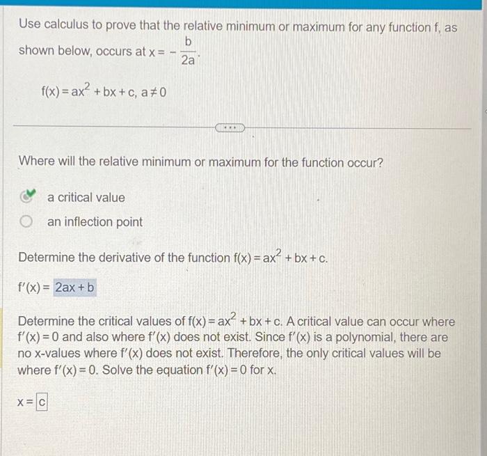 Solved Use calculus to prove that the relative minimum or | Chegg.com