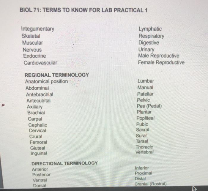 BIOL 71: TERMS TO KNOW FOR LAB PRACTICAL 1 | Chegg.com