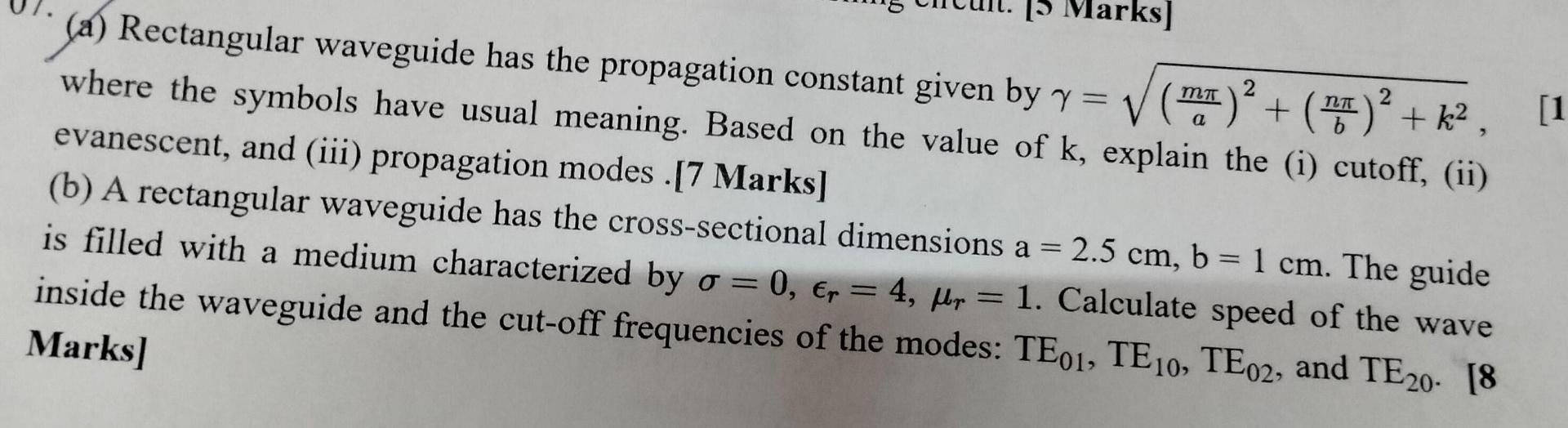 Solved (a) Rectangular waveguide has the propagation | Chegg.com