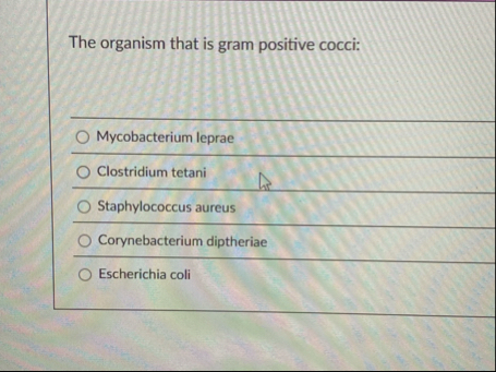 Solved The organism that is gram positive cocci: | Chegg.com