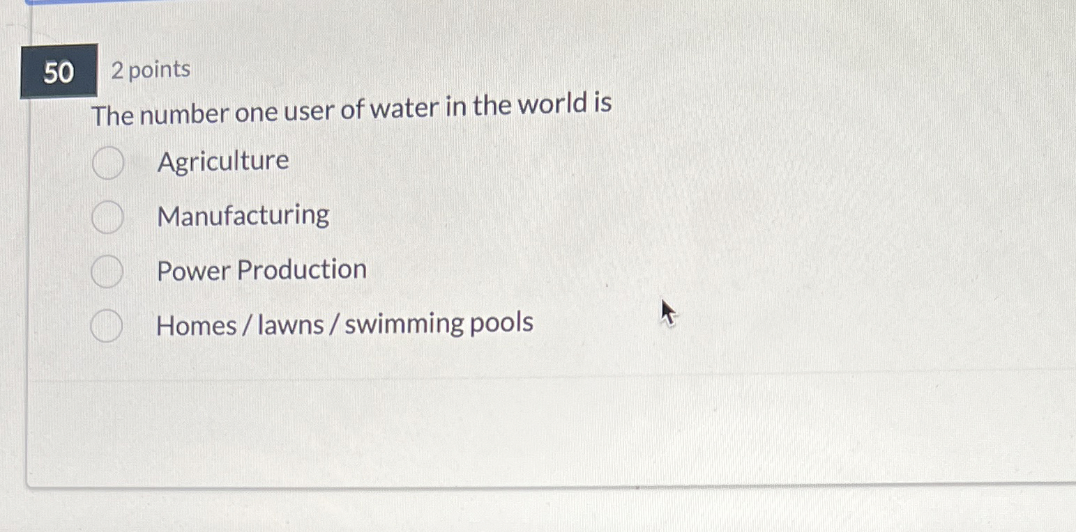 Solved 502 ﻿pointsThe number one user of water in the world | Chegg.com