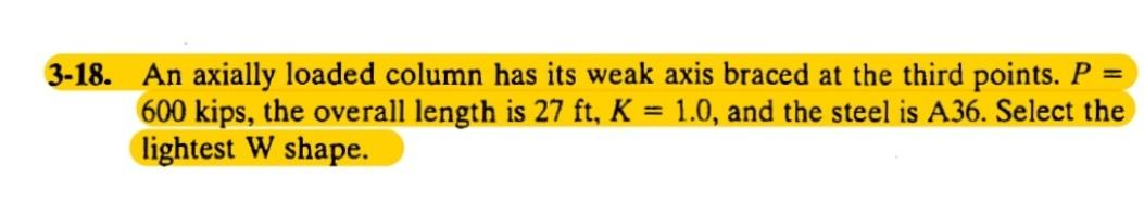 Solved = 3-18. An axially loaded column has its weak axis | Chegg.com