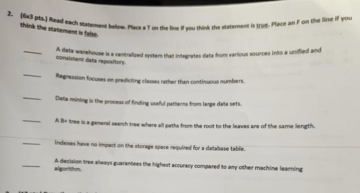 Solved ( 6×3 ﻿pts.) ﻿Read each statement below. Place a T | Chegg.com