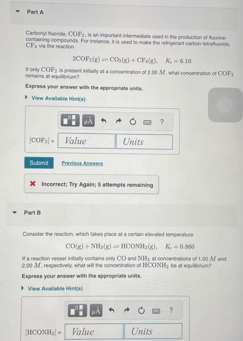 Solved Part A Carbonyl fluoride, COF2, is an important | Chegg.com