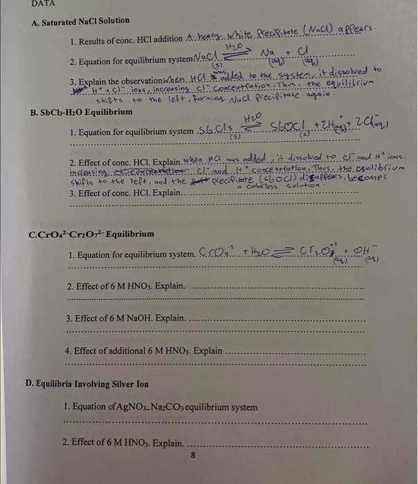 Solved A. Saturated NaCl Solution 1. Results of conc. HCl | Chegg.com