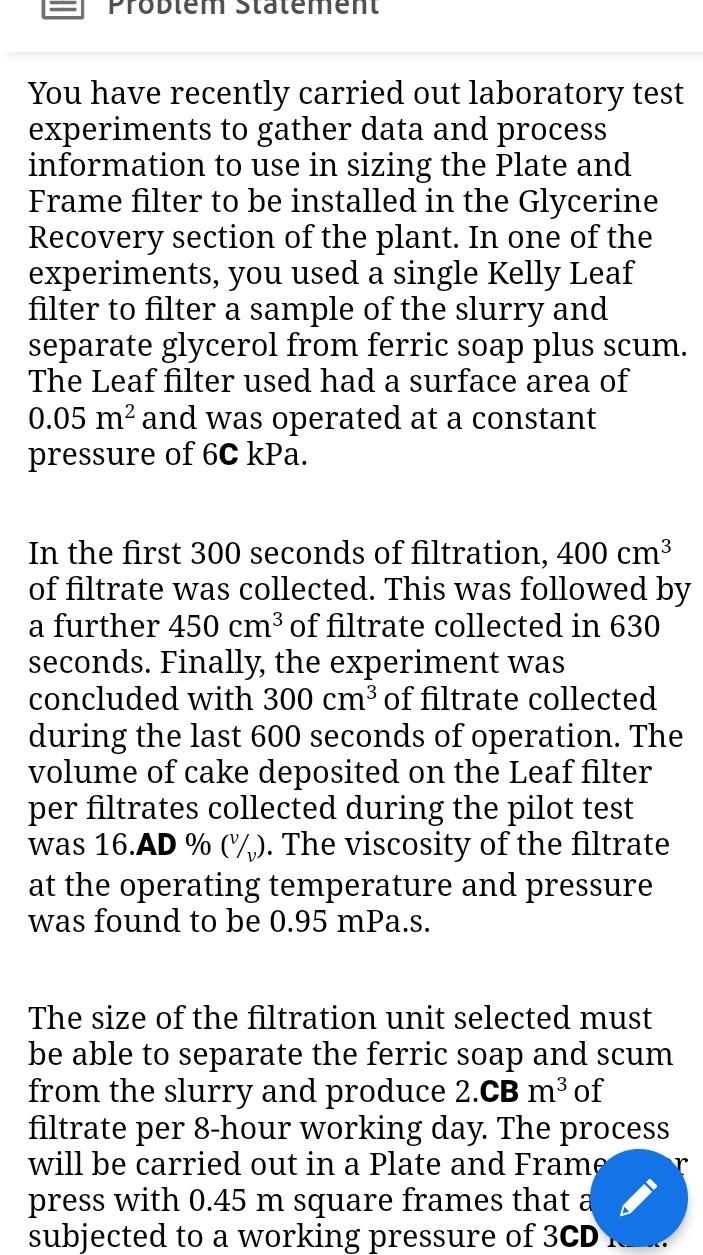 Sizing the Plate-and-Frame Filter Press for | Chegg.com