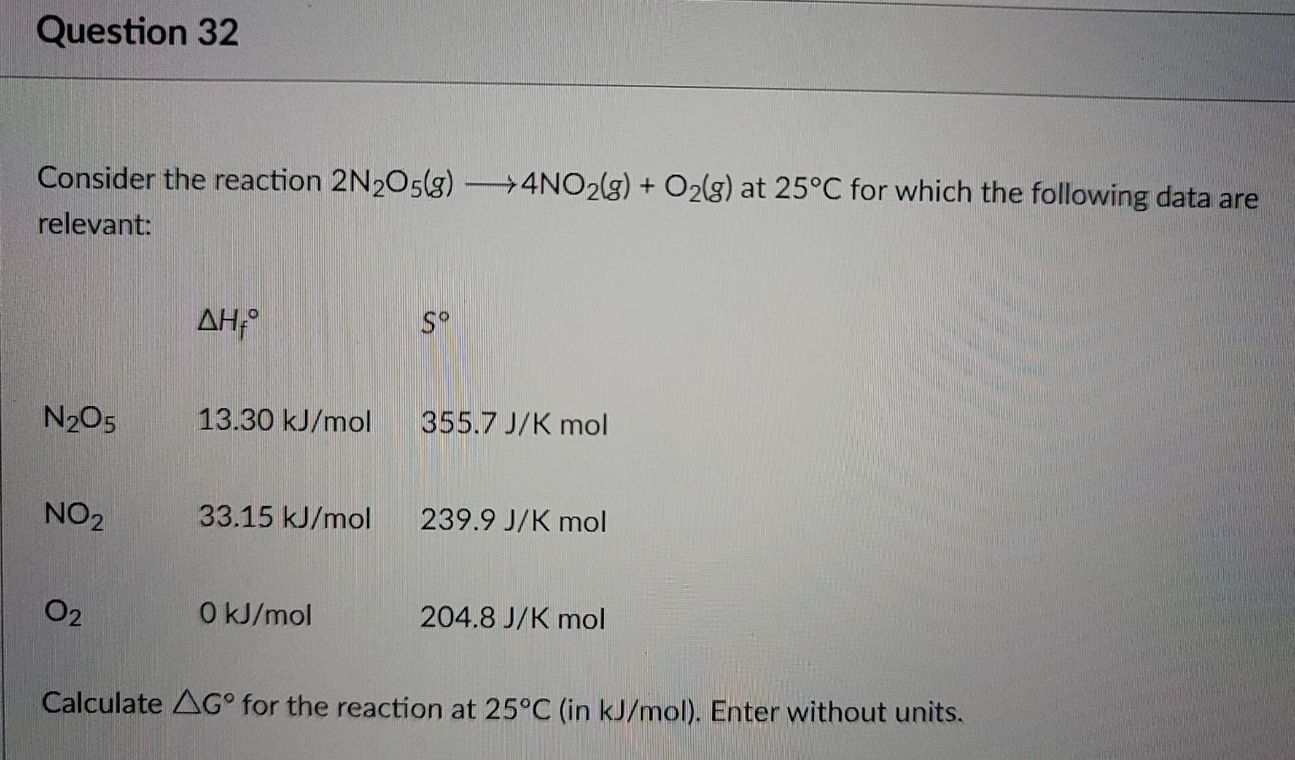 Solved Question 32 Consider the reaction 2N205(8) — 4NO2(g) | Chegg.com