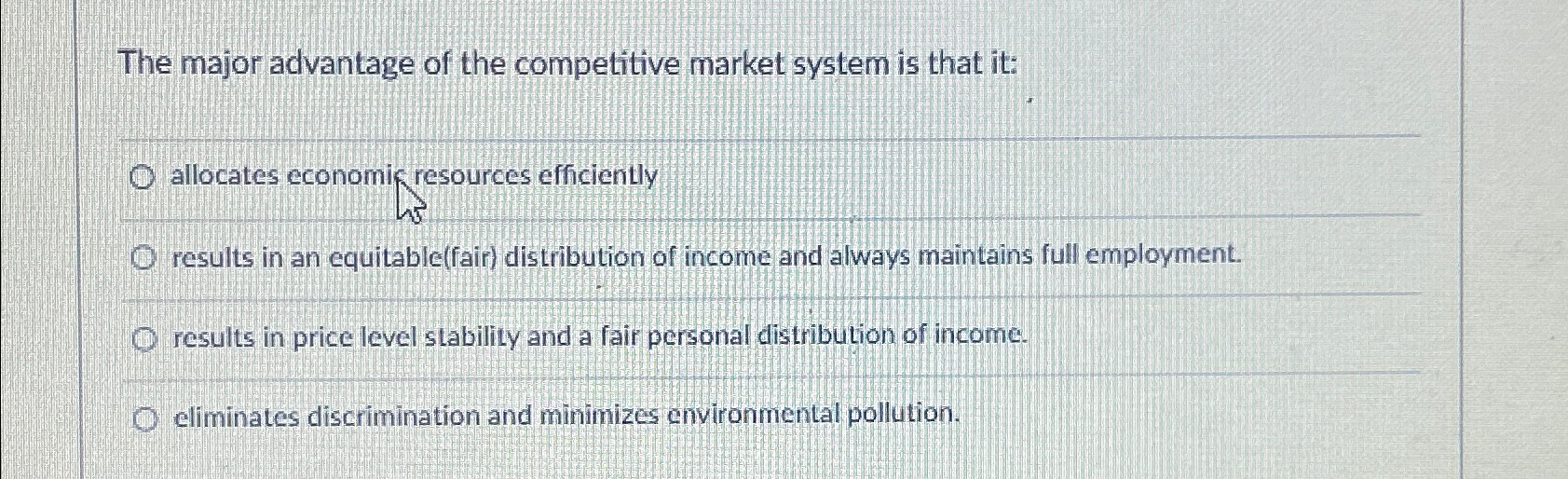 Solved The major advantage of the competitive market system | Chegg.com