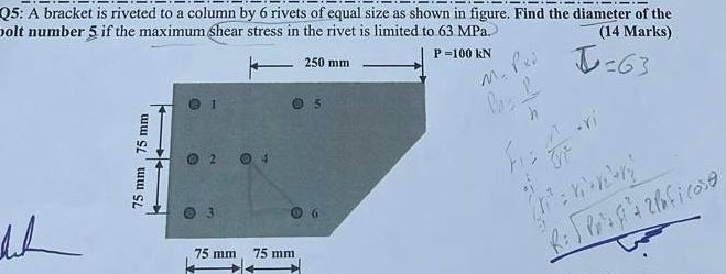 Solved A bracket is riveted to a column by 6 ﻿rivets of | Chegg.com