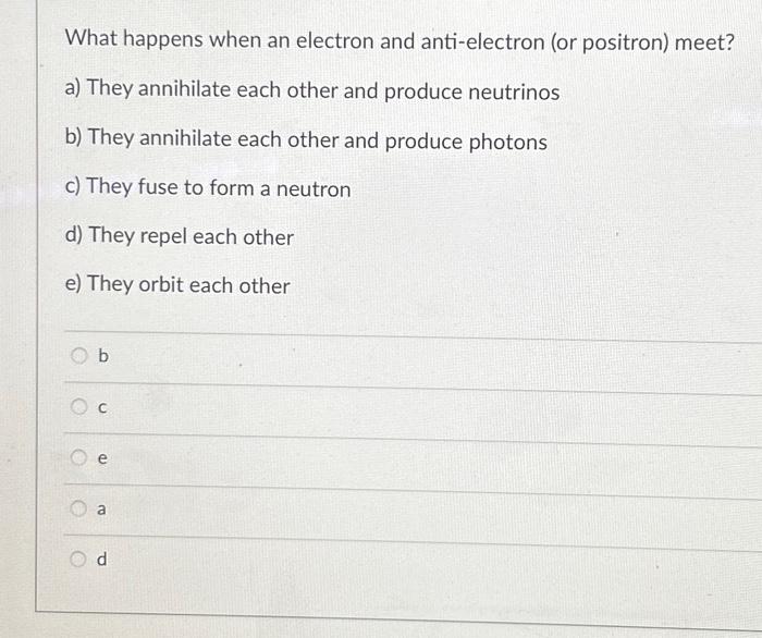 Solved What happens when an electron and anti-electron (or | Chegg.com