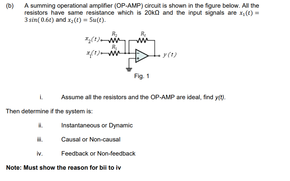 Solved (b) ﻿A summing operational amplifier (OP-AMP) | Chegg.com