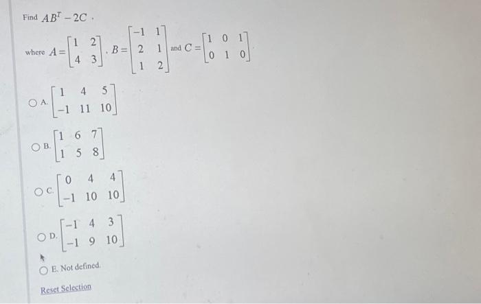 Solved Find ABT - 2C. where A= O A. B. O C. O D. 4 3 1 5 -1 | Chegg.com