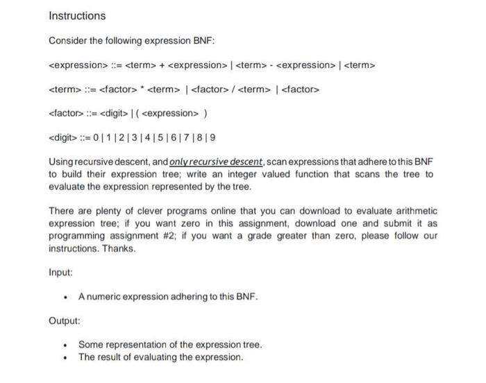 Solved Instructions Consider the following expression BNF: | Chegg.com