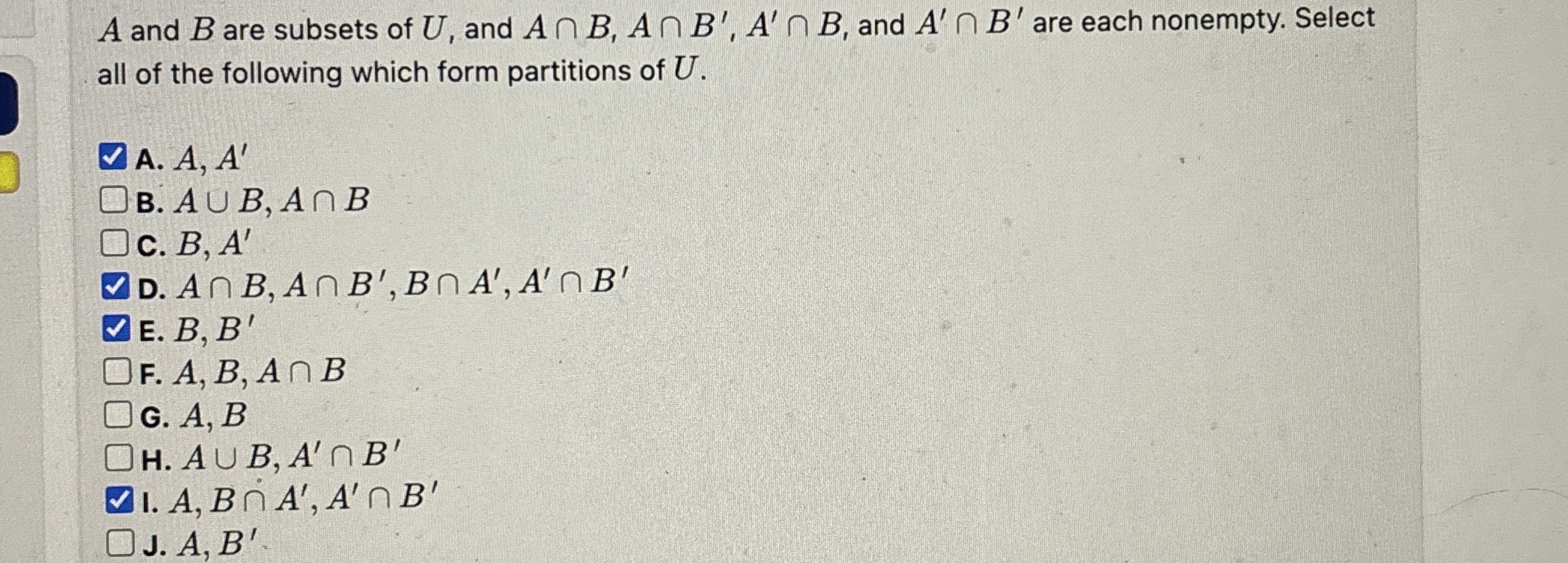 Solved A and B ﻿are subsets of U, ﻿and A∩B,A∩B',A'∩B, ﻿and | Chegg.com