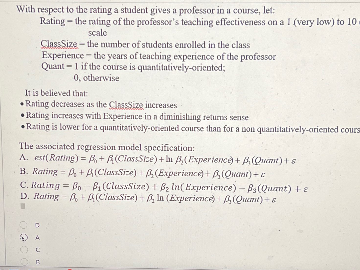 Solved With respect to the rating a student gives a | Chegg.com
