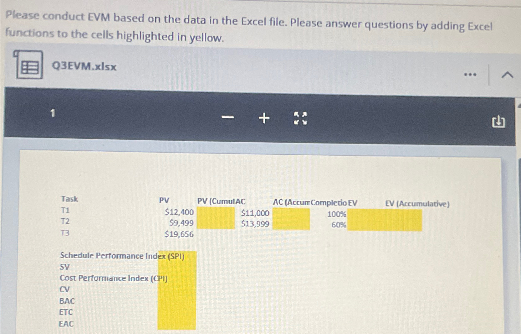 Please conduct EVM based on the data in the Excel | Chegg.com