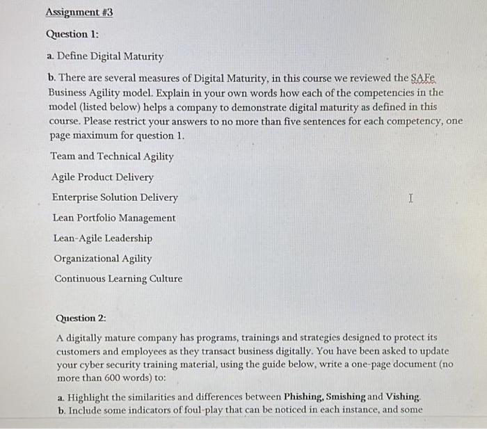 Solved Assignment #3 Question 1: a. Define Digital Maturity | Chegg.com