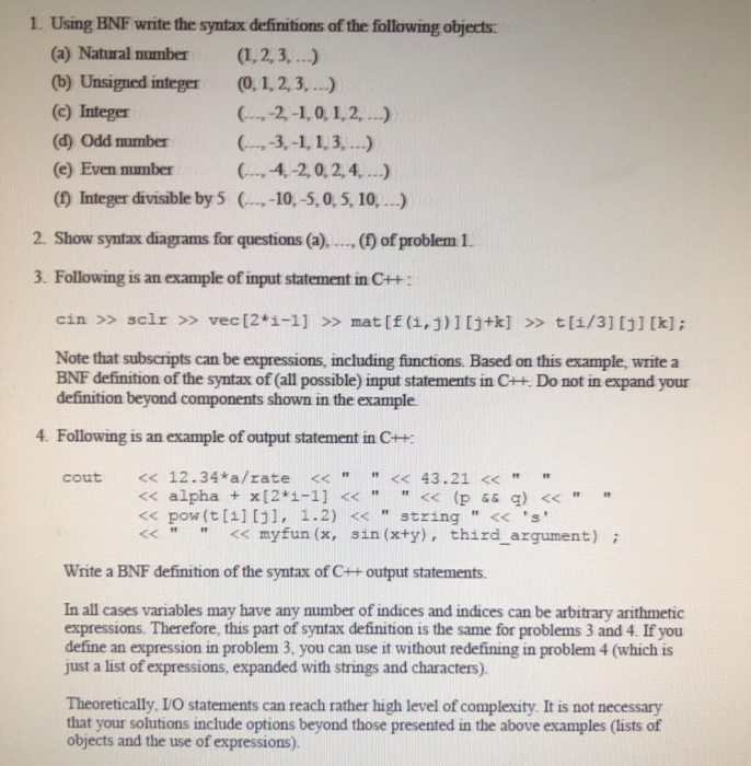 Using BNF write the syntax definitions of the | Chegg.com