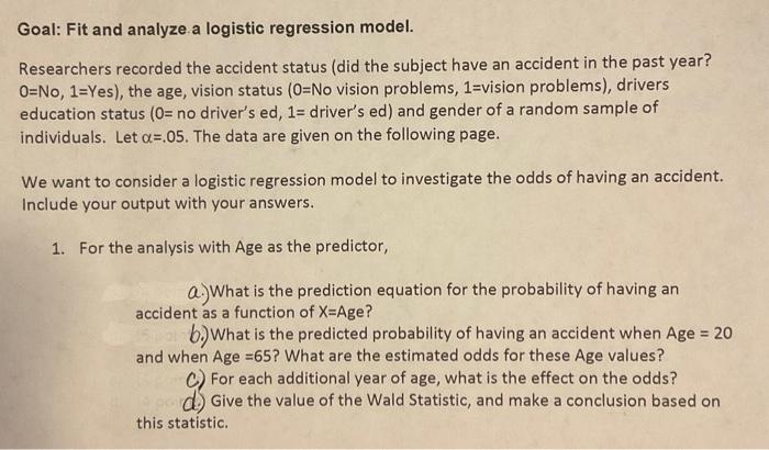 Solved Goal: Fit and analyze a logistic regression model. | Chegg.com