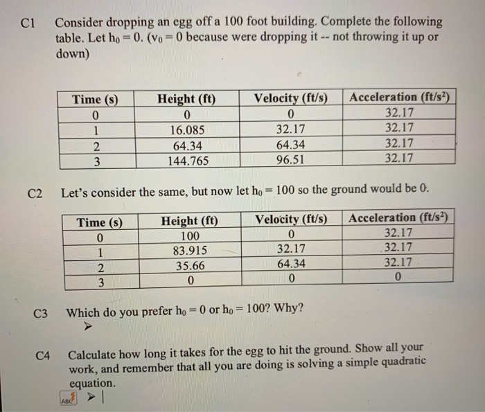 Solved СІ Consider dropping an egg off a 100 foot building. | Chegg.com